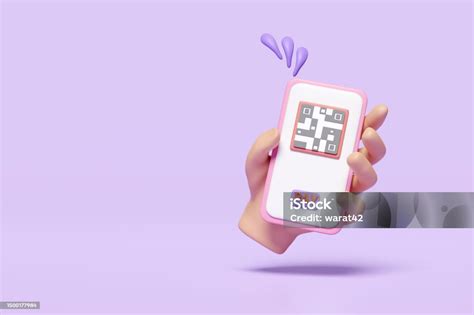 휴대폰 Qr 코드 스캐너가 있는 스마트폰 보라색 배경에 격리된 유료 라벨 태그를 들고 있는 3d 손 무현금 결제 온라인 쇼핑