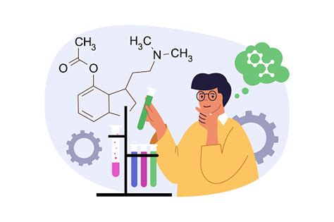 웹을 위한 현대 평면 디자인의 교육 개념 시험관으로 화학 연구를 하고 분자와 공식을 연구하고 대학 학습 과정에서 문제를 해결하는 사람 벡터 일러스트 레이 션 개념에 대한