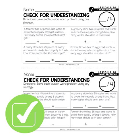Lucky To Learn Math Lesson 920 Division Word Problems Check For Understanding Lucky