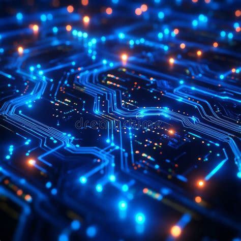 Illuminated Blue Circuit Board With Glowing Network Of Electronic Paths Stock Image Image Of