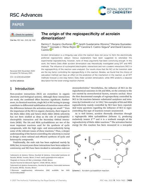 Pdf The Origin Of The Regiospecificity Of Acrolein Dimerization