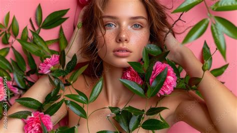 A Naked Woman Surrounded By Pink Flowers On A Pink Background A Green