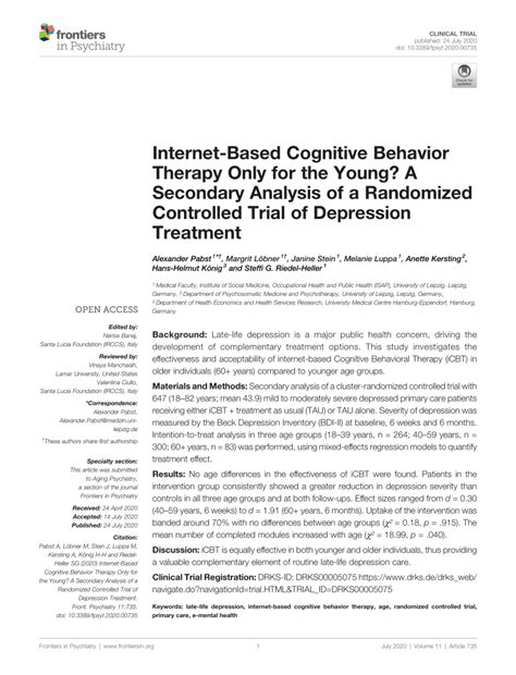 Pdf Internet Based Cognitive Behavior Therapy Only For The Young A Secondary Analysis Of A