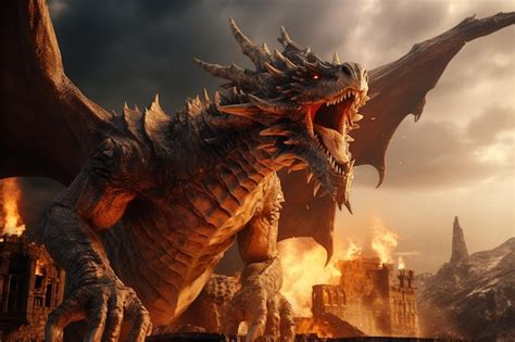 Premium Ai Image Mythological Dragons Breathing Fire In Ancient Ski