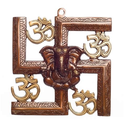 Golden Eunoia Crafts Swastika Om Ganesha Brass Wall Hanging For