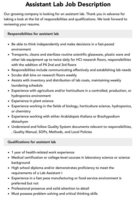 Assistant Lab Job Description Velvet Jobs