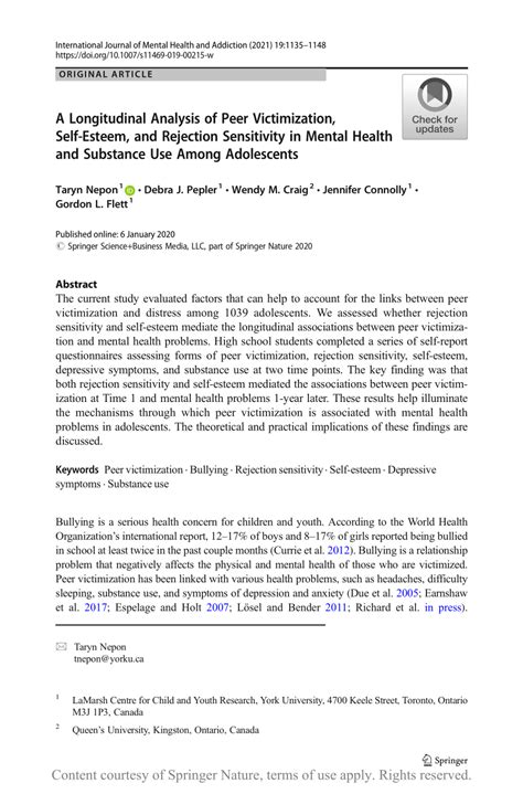 A Longitudinal Analysis Of Peer Victimization Self Esteem And Rejection Sensitivity In Mental