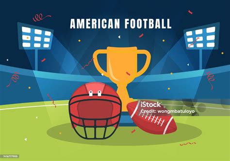 게임을 가진 미식 축구 스포츠 선수는 타원형 모양의 공을 사용하고 필드 손으로 그린 만화 플랫 일러스트레이션에서 갈색입니다 가죽에 대한 스톡 벡터 아트 및 기타 이미지