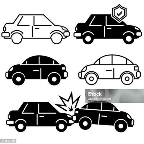 자동차 실루엣과 라인 아이콘은 흰색 배경에 설정됩니다 차량 벡터 아이콘 세트 측면 및 정면에서보기 자동차 사고에 대한 스톡 벡터 아트 및 기타 이미지 Istock