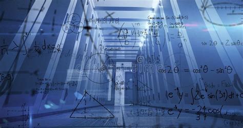 Image Of Mathematical Equations Diagrams And Computer Language Low Angle View Of Server Room