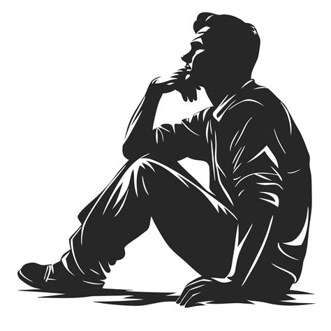 Thoughtful Man Sitting Silhouette Graphic Contemplative Pose On White