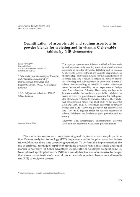 Pdf Quantification Of Ascorbic Acid And Sodium Ascorbate In Powder Blends For Tableting And In