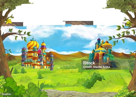 아름 다운 중세 성 만화 장면 극동 왕국 어린이를위한 그림 0명에 대한 스톡 벡터 아트 및 기타 이미지 0명 계절 궁전