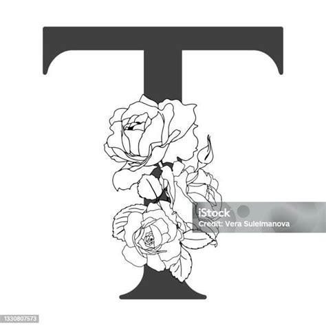 벡터 꽃 알파벳 레터 T 모노그램 꽃 무늬의 플로럴 디자인 결혼식 초대장 카드 꽃집의 명함 장식 선형 스타일의 장미의 꽃 디자인 개념에 대한 스톡 벡터 아트 및 기타 이미지