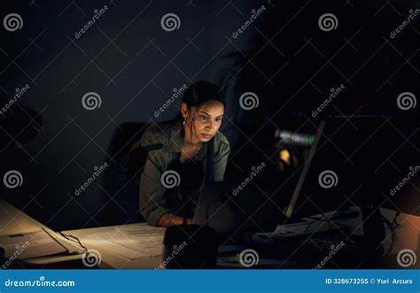 Business Woman Night And Computer With Web Layout Coding Deadline And Ux Programmer In Office