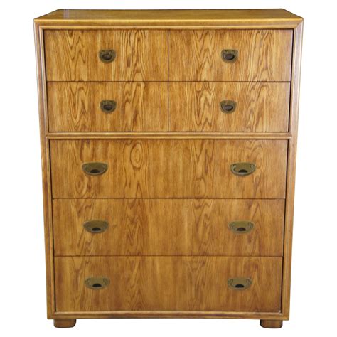 Vintage Drexel Heritage Passage Oak Campaign Tallboy Dresser Chest Of