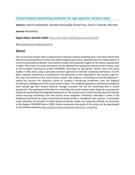 Pdf Cohort Based Smoothing Methods For Age Specific Contact Rates