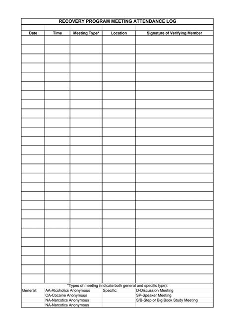 Printable Aa Attendance Sheet