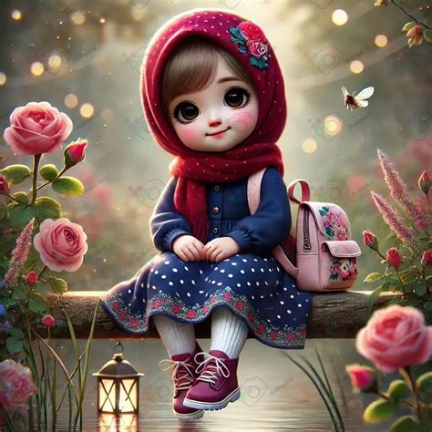 بک گراند کودکانه دختر کوچولوی ناز با حجاب نشسته روی تنه درخت میان گلهای