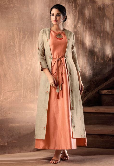 Shop Peach Art Silk Readymade Long Kurti With Jacket 156719 Online At