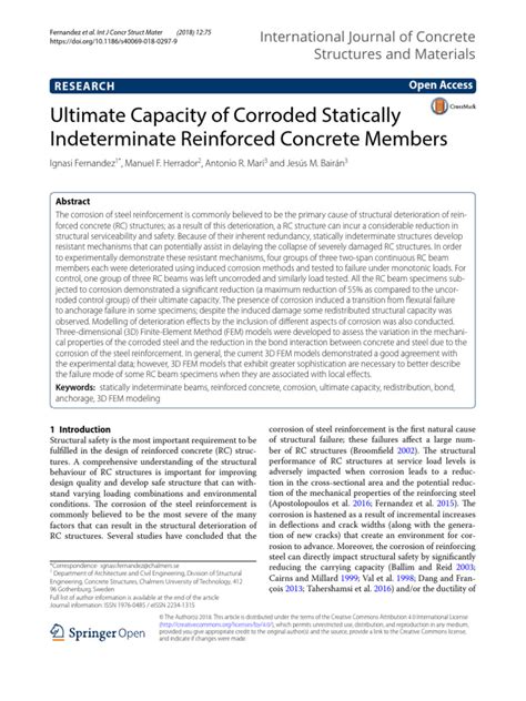 Ultimate Capacity Of Corroded Statically Indeterminate Reinforced Concrete Members Pdf