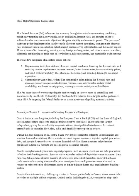 Class Notes Summary Finance Class The Process Of Monetary Policy Implementation Involves Tools