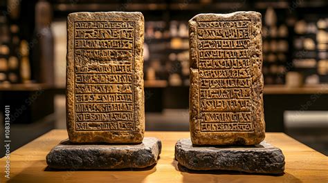 Ancient Stone Tablets Displaying Inscriptions In A Museum Setting