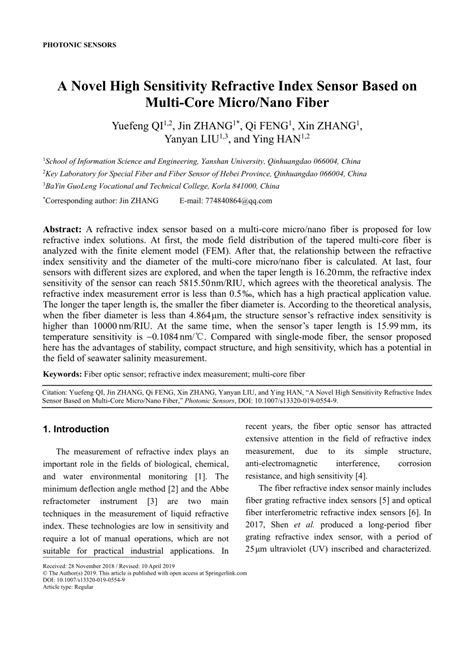 Pdf A Novel High Sensitivity Refractive Index Sensor Based On Multi
