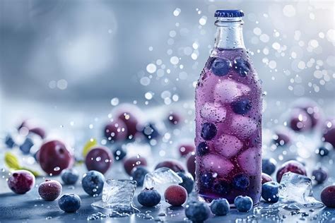 A Violet Liquid In A Plastic Bottle With Blueberries And Ice Cubes On A Table Premium Ai