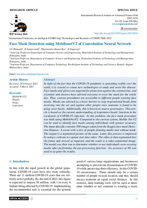 Pdf Face Mask Detection Using Mobilenetv2 Of Convolution Neural Network