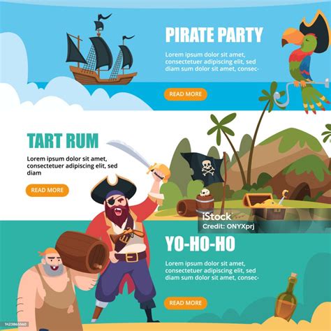 해적 배너 무기 보물 섬 해적 컬러 앵무새 멋진 벡터 만화와 선장 공격적인 필리버스터 텍스트를위한 장소와 세트 해적에 대한 스톡