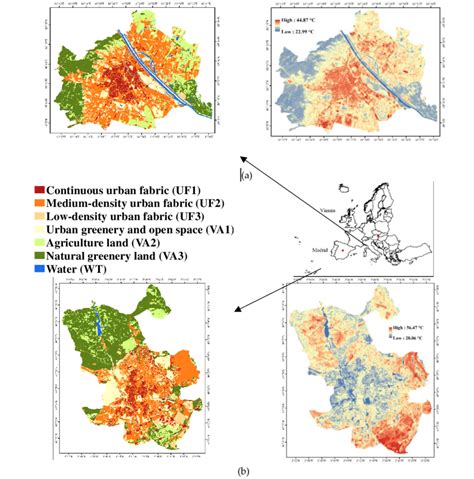 4 land cover and land surface temperature maps from summer 2013 of a