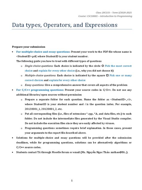 Data Types Operators And Expressions For Multiple Choice And Essay Questions Pdf Integer