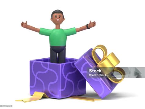 선물 상자를 통해 잘 생긴 아프리카 남자 데이비드의 3d 그림 흰색 배경에 3d 렌더링 12월에 대한 스톡 사진 및 기타 이미지 12월 Ribbon Cutting