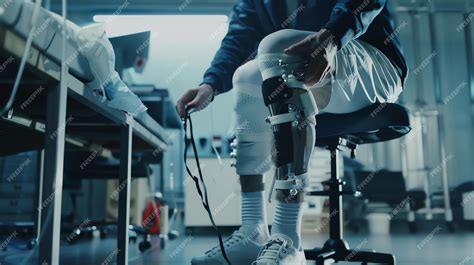 Premium Photo Fitting A Prosthetic Leg A Man In A Lab Coat Is Fitting