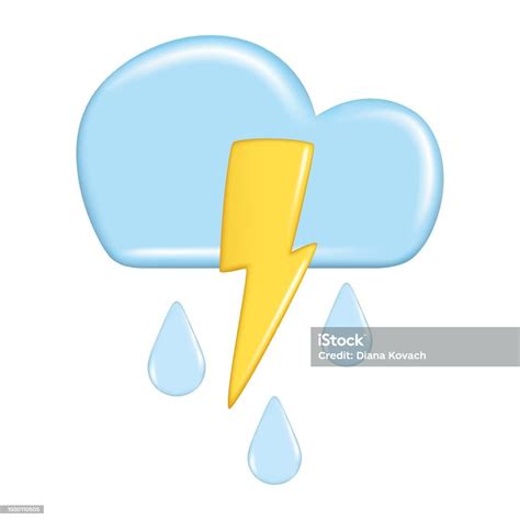 일기 예보 요소 아이콘 기호 기상학의 현실적인 3d 디자인 장식적인 귀여운 3d 황금빛 번개와 푸른 구름 비 흰색 배경에 분리된