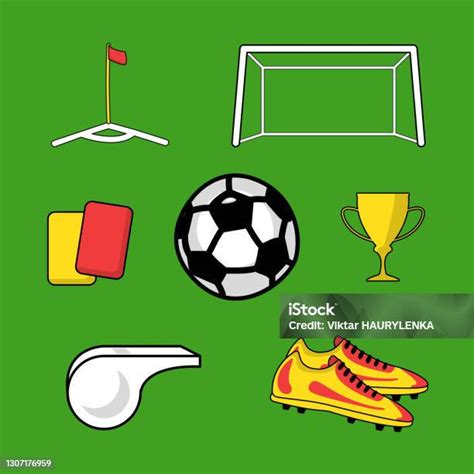 토너먼트와 챔피언십을 위한 녹색 배경에 만화 스타일의 축구 아이콘 세트 공 축구 신발 코너 게이트 컵 휘파람 빨간색과 노란색