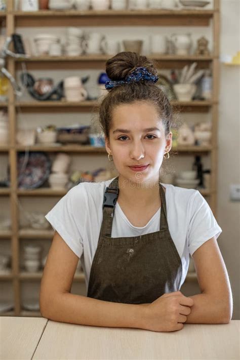 Beautiful Teenage Girl Playing With Modeling Clay In Pottery Workshop Craft And Clay Art Stock