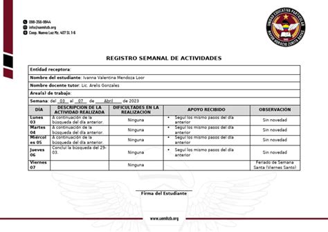 3 Registro Semanal De Actividades Pdf