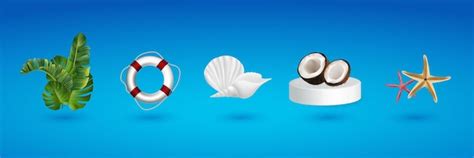 현실적인 D 벡터 여름 휴가 기호 개체는 열 대 르와 설정 휴가 현실적인 아이콘을 설정 프리미엄 벡터