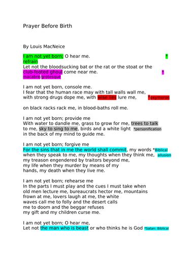 Igcse English Literature Analysis Of Prayer Before Birth Teaching Resources