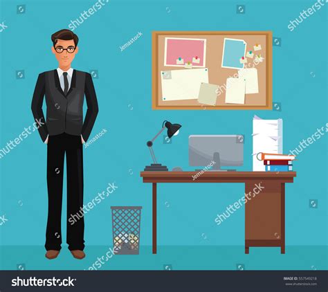 Man Glasses Office Work Space Desk Stock Vector Royalty Free
