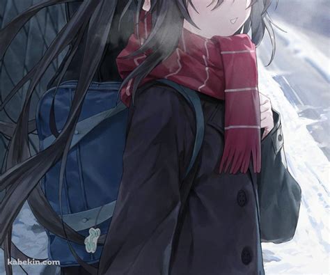 赤いマフラーをした中野梓 セーラー服 雪の日 けいおん ファンアート イラストのandroid用のスマホ壁紙 960 X