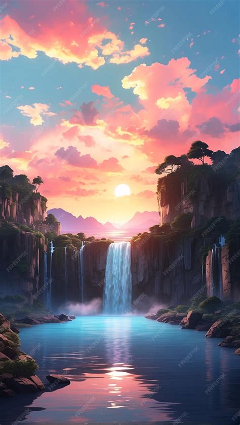 Premium Photo Animestyle Waterfall Sunset With Cloud Aesthetic Wallpaper