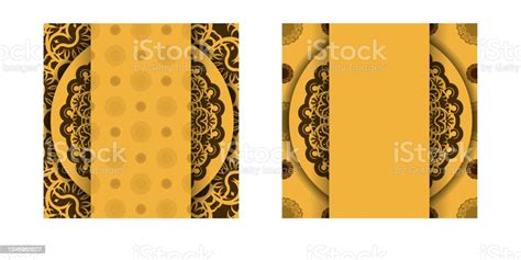 타이포그래피를 위해 준비된 갈색 만다라 패턴의 노란색 인사말 전단지 꽃 식물에 대한 스톡 벡터 아트 및 기타 이미지 꽃 식물