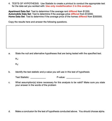 TESTS OF HYPOTHESIS Use Statistix To Create A Chegg Com
