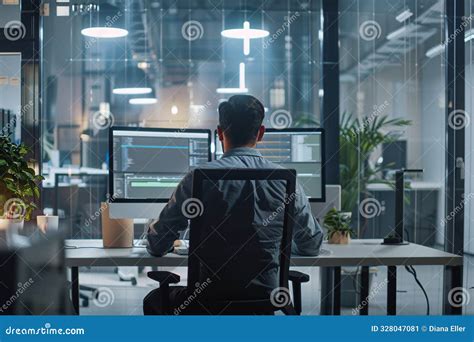 Back View Of Man Programmer Working With Computer In Office Stock Illustration Illustration Of