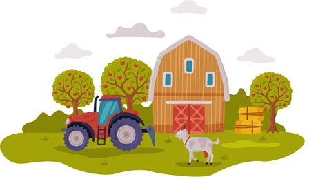 농가 트랙터 및 가축 여름 농촌 풍경 농업 원예 및 농업 개념 만화 스타일 벡터 일러스트와 농장 장면 교통수단에 대한 스톡 벡터 아트 및 기타 이미지 Istock