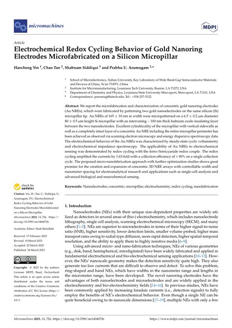 Pdf Electrochemical Redox Cycling Behavior Of Gold Nanoring Electrodes Microfabricated On A
