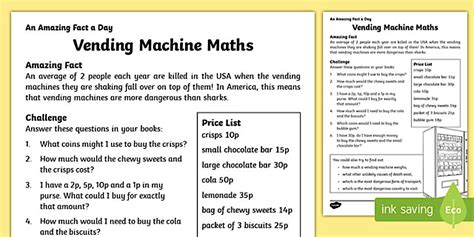 Editable Vending Machine Maths Worksheet Twinkl